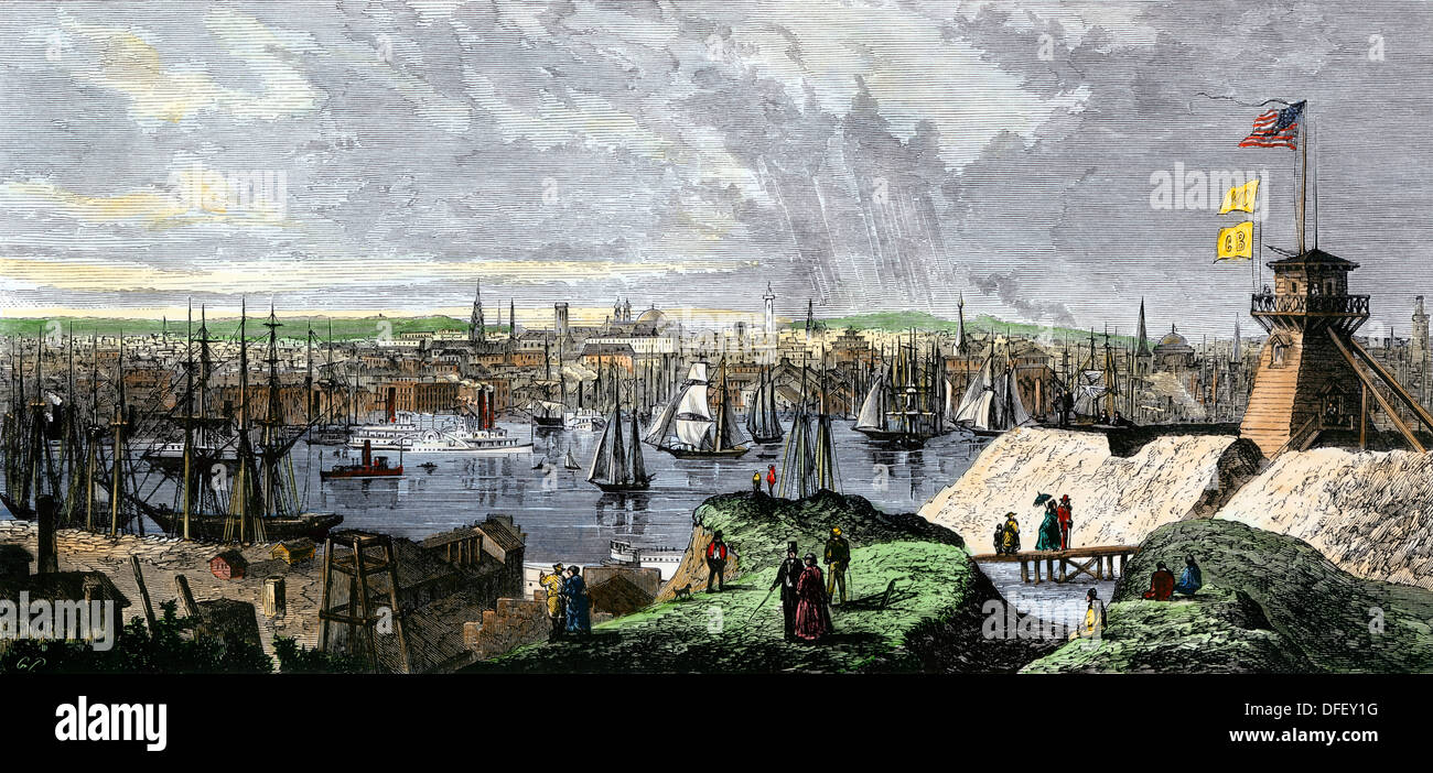 Busy port of Baltimore, Maryland, 1870s, viewed from Federal Hill. Hand ...