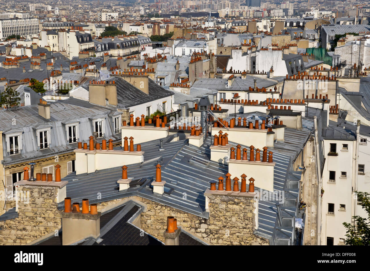 Paris, France. View, looking across the roofs and chimney tops from ...