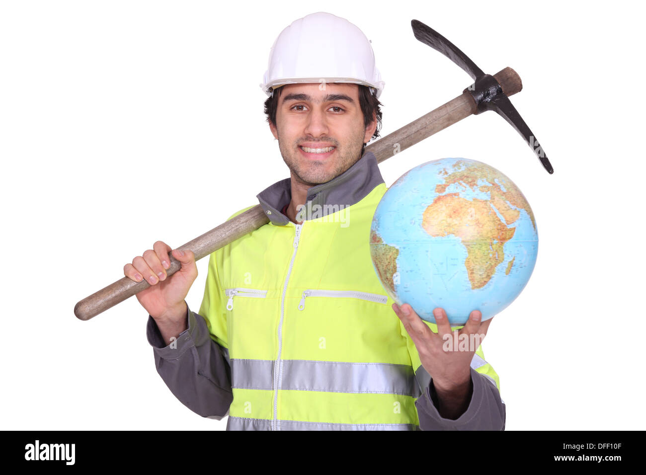 Construction worker holding a glove and pickaxe Stock Photo - Alamy
