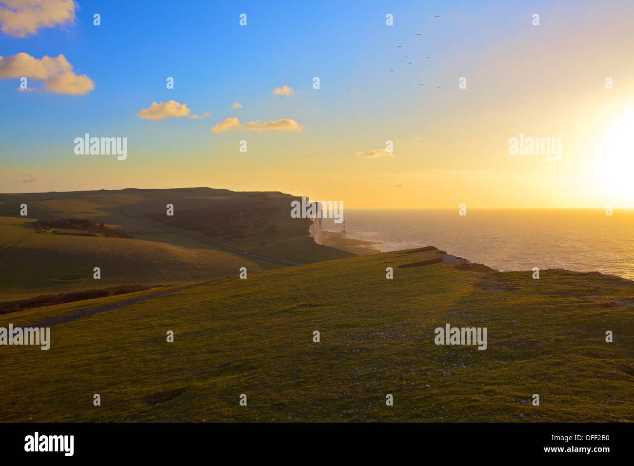 Beachy Head and Beachy Head Lighthouse at Sunset, East Sussex, England ...