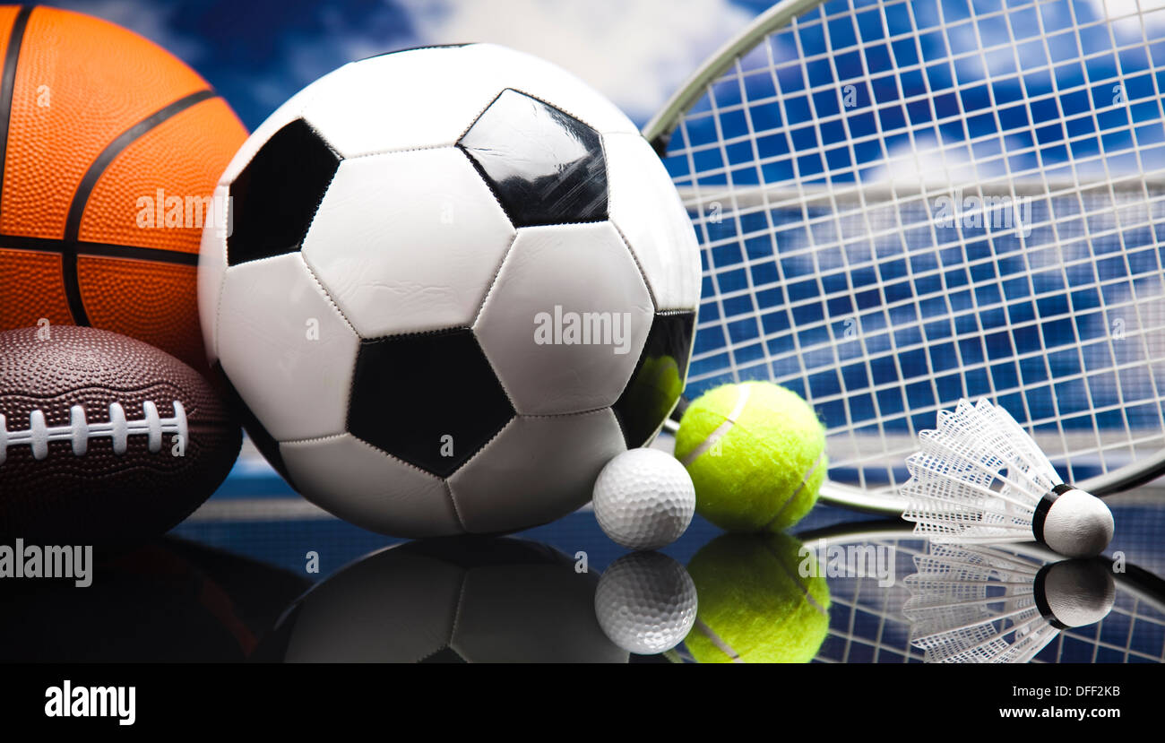 Four Sports, a lot of balls and stuff Stock Photo - Alamy