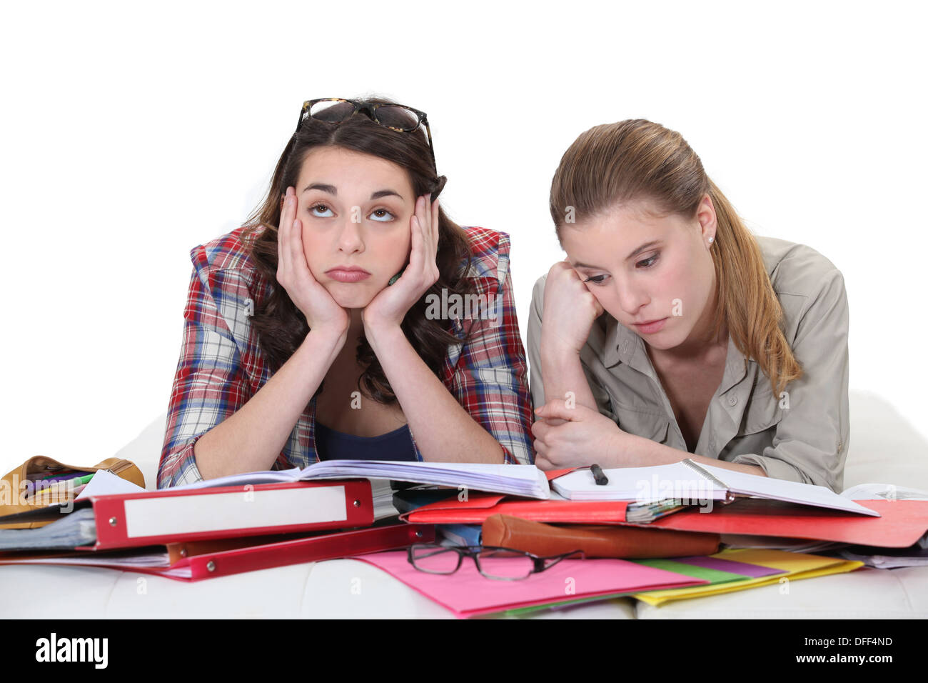 Two female friends revising together Stock Photo - Alamy