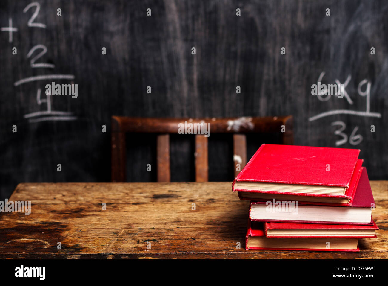 Stack of books on desk in front of blackboard with poor math written on ...