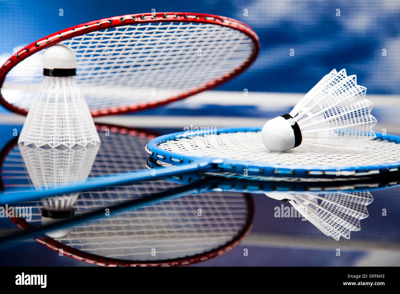 Shuttlecock on badminton racket Stock Photo - Alamy