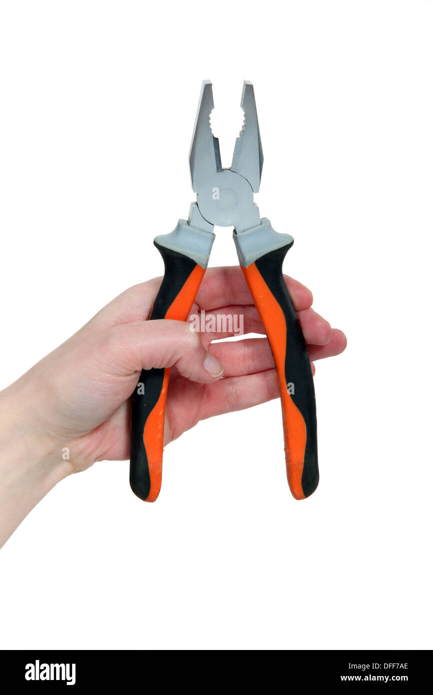 Man holding pliers Stock Photo - Alamy