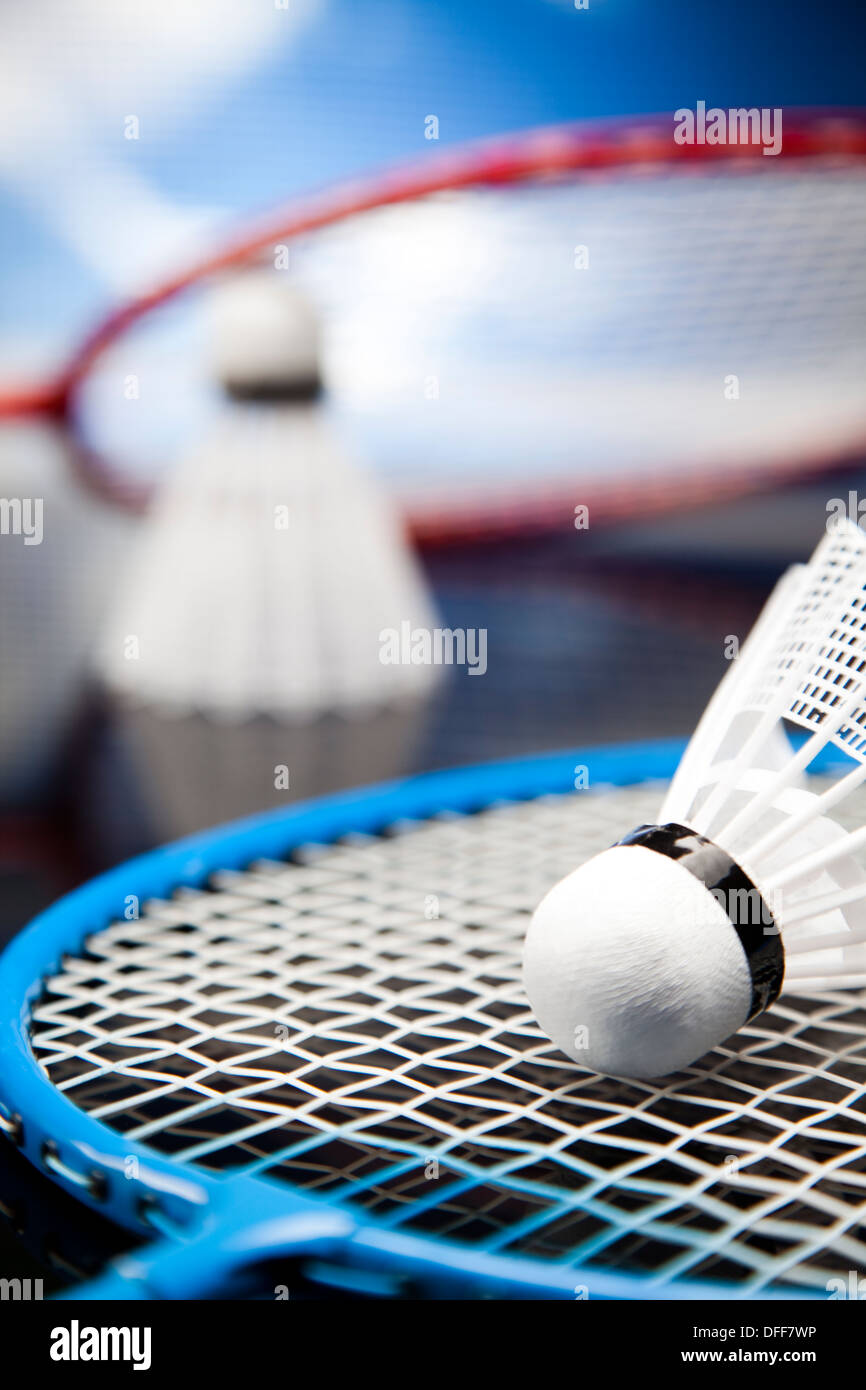 Shuttlecock on badminton racket Stock Photo - Alamy