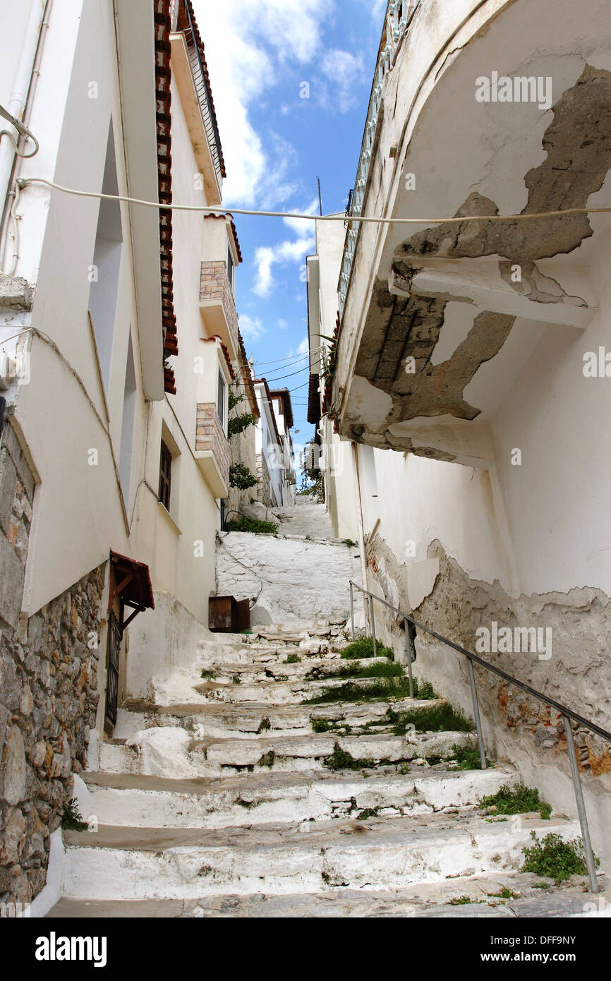 Steps between houses in a quiet back street of Skiathos Town on the ...