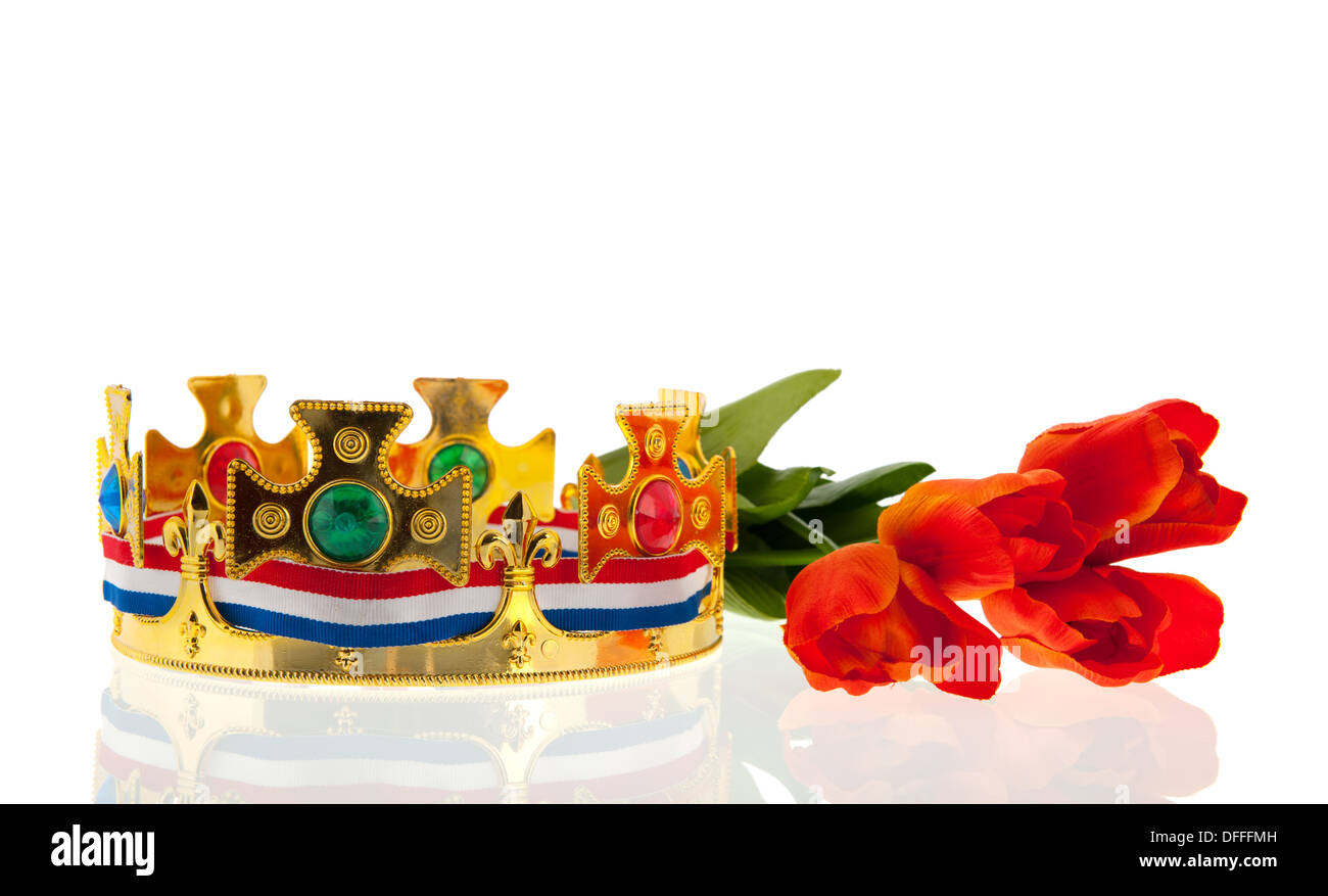 Dutch golden crown with flag colors and tulips for the king isolated ...