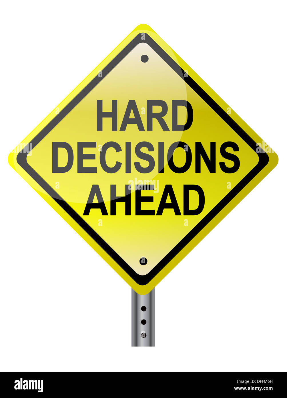 Hard decisions ahead yellow street sign over a white background Stock ...