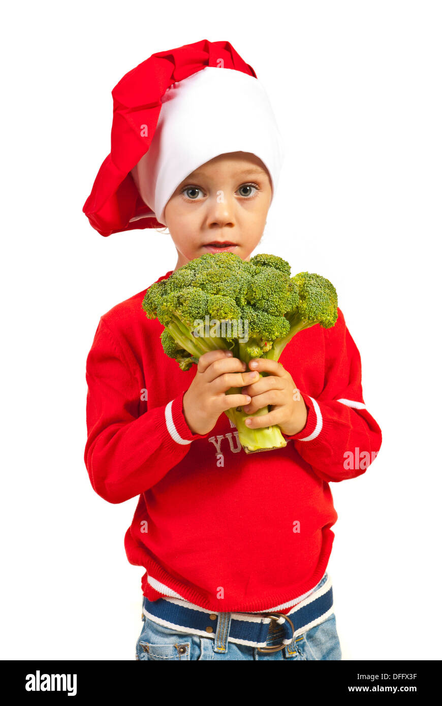 Toddler chef boy holding broccoli isolated on white background Stock ...