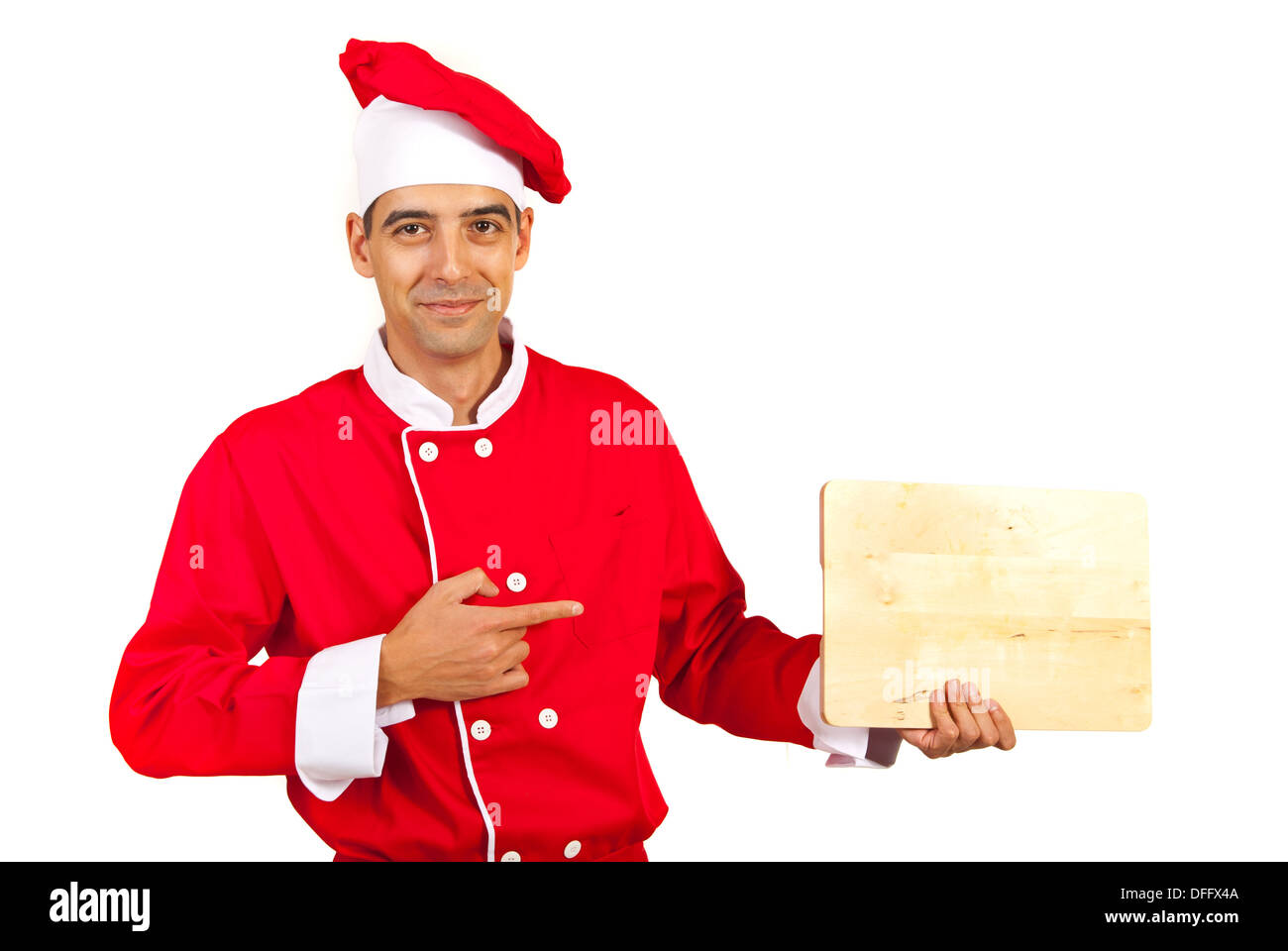 Chef pointing to wood board isolated on white background Stock Photo ...