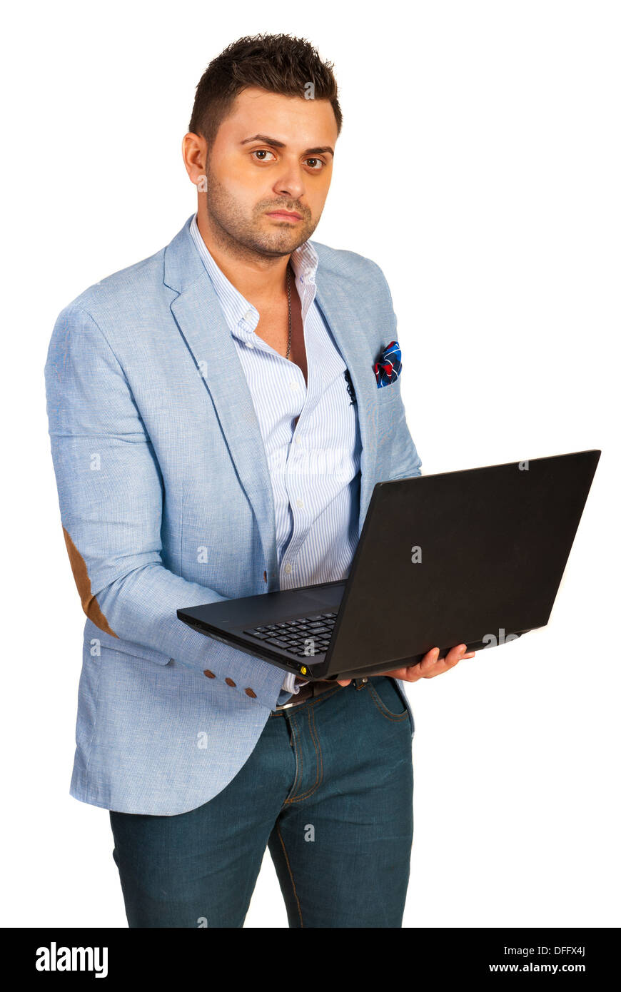 Casual executive using laptop isolated on white background Stock Photo ...