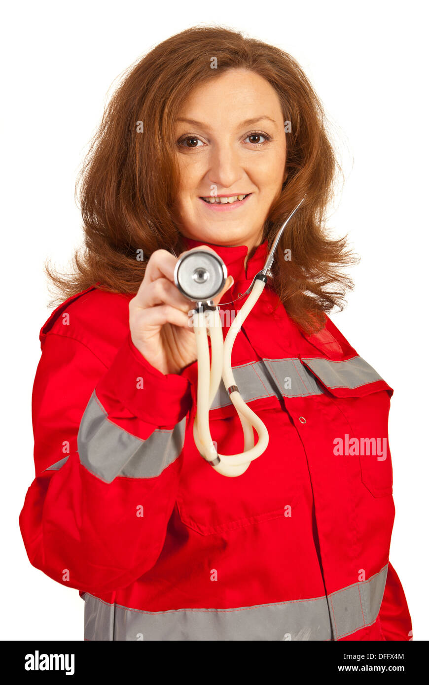 Paramedic woman showing stethoscope isolated on white background Stock ...