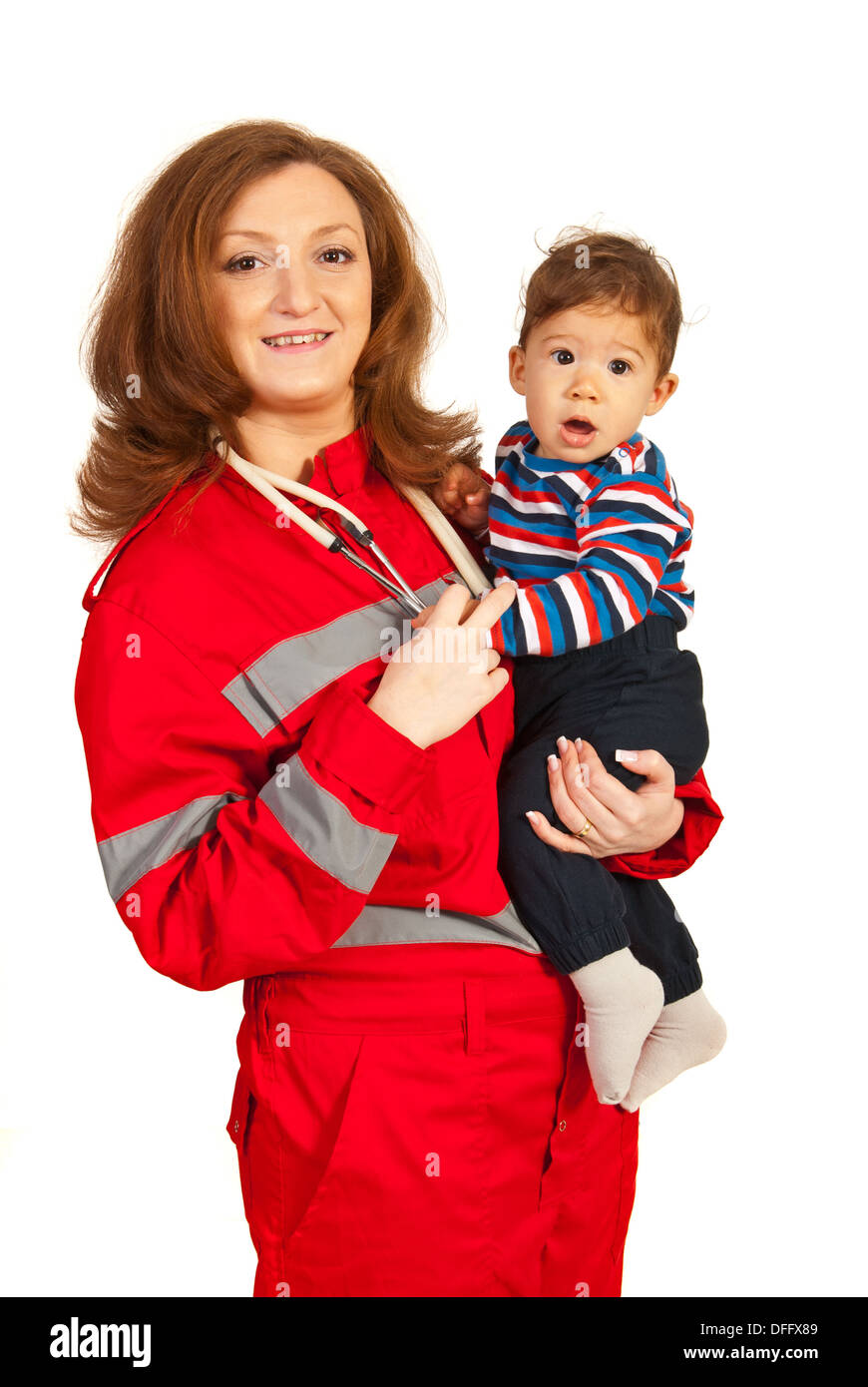 Paramedic woman holding baby boy isolated on white background Stock ...
