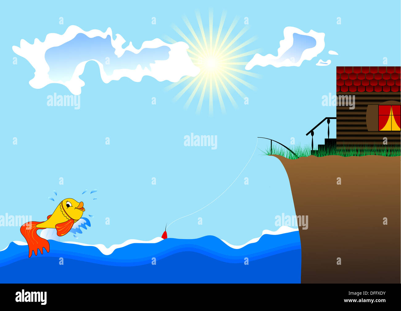 Vector illustration of a small fish, the sea and house ashore Stock ...
