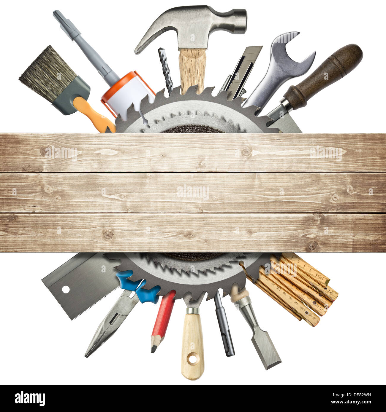 Carpentry, construction collage. Tools underneath wooden planks Stock ...