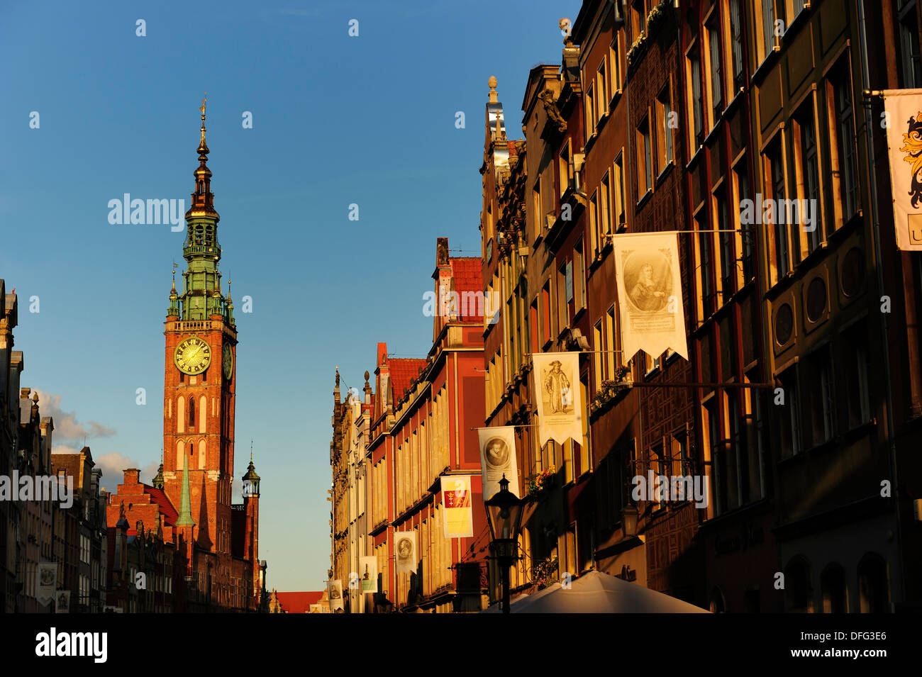 View of the town hall tower bell from the Long Market street, Gdansk ...