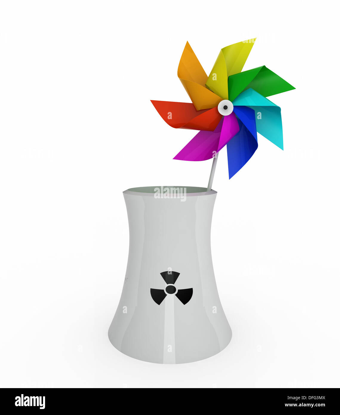 rainbow pinwheel over nuclear industry on white background, 3d ...