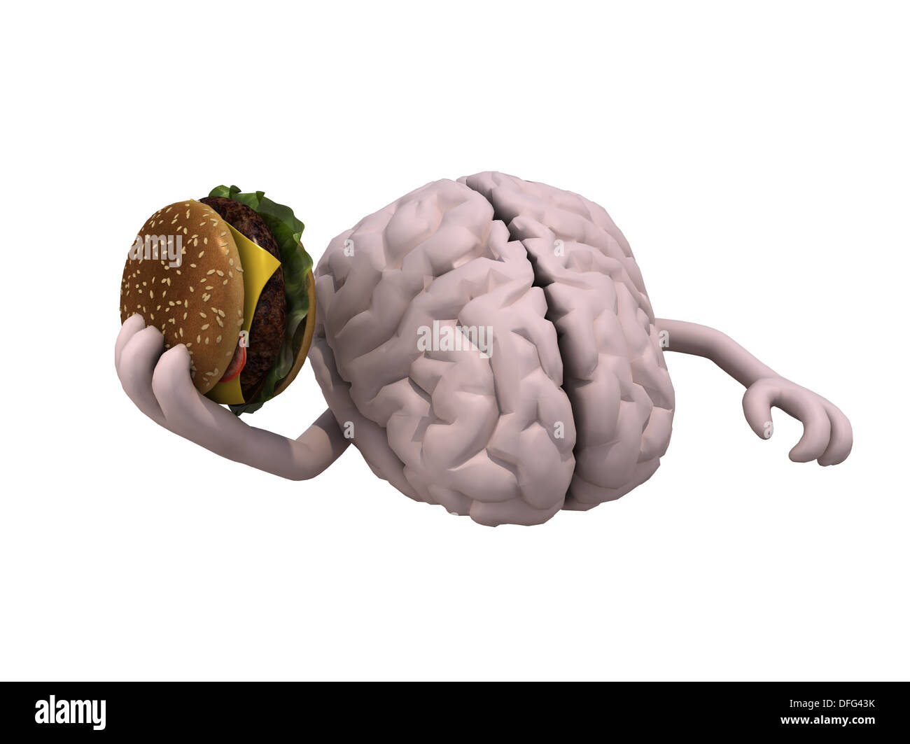 human brain with arms and a hamburger on hand, 3d illustration Stock ...