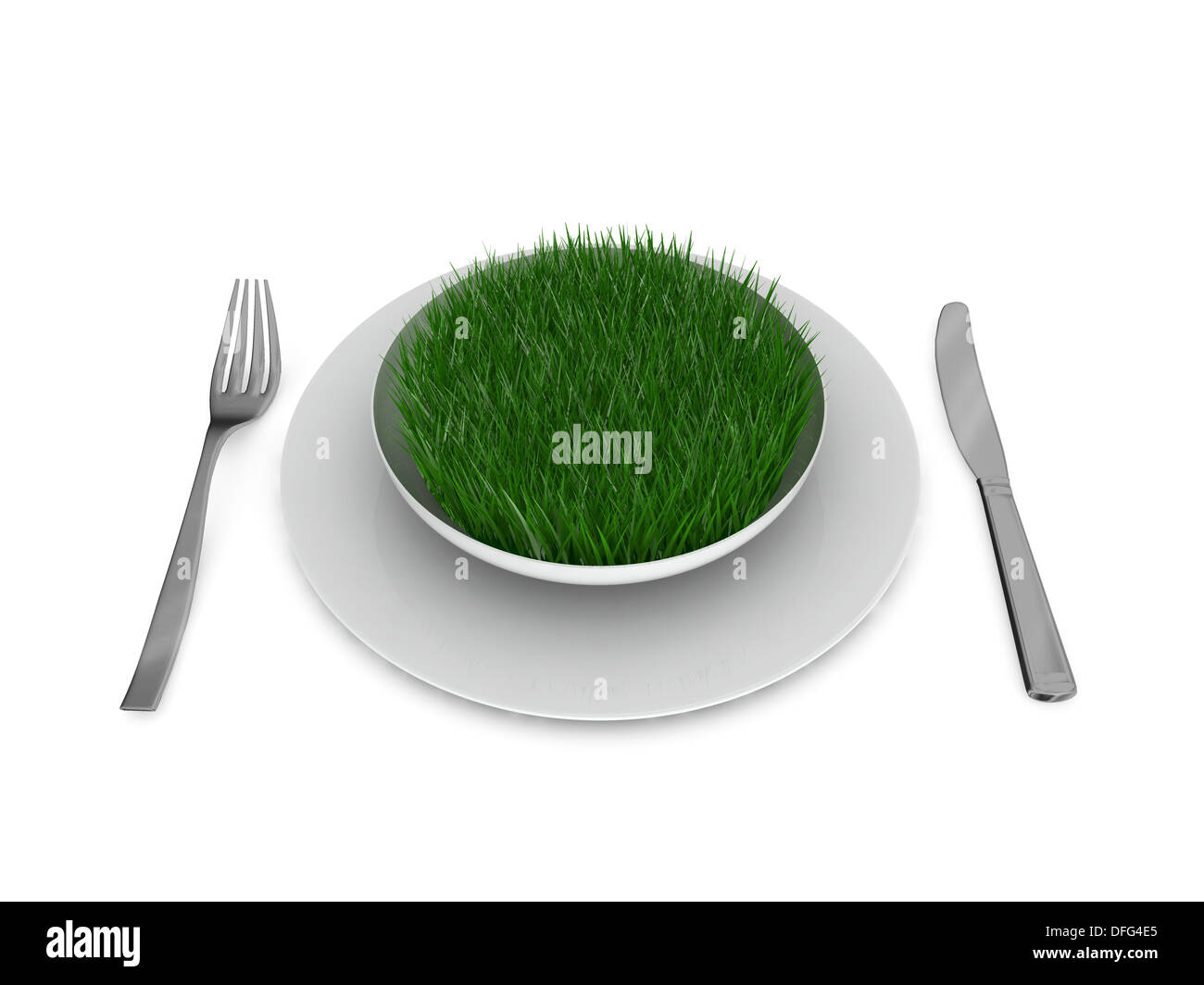Grass in a plate, with fork and knife, isolated over white, 3d ...