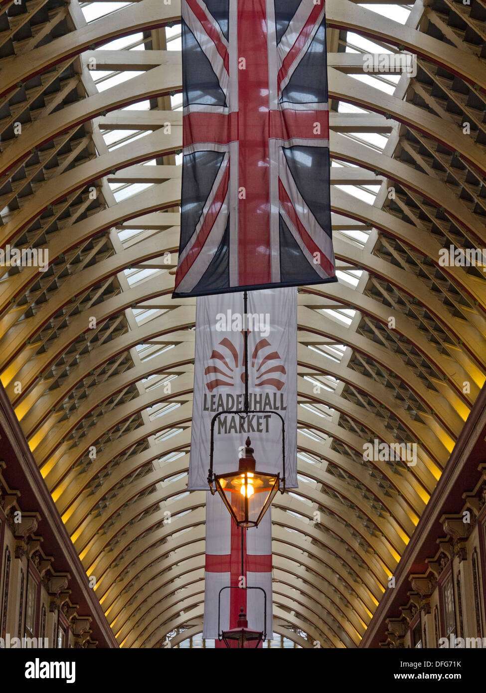 Union Jack and St. George's flags in Leadenhall Market in the City of ...