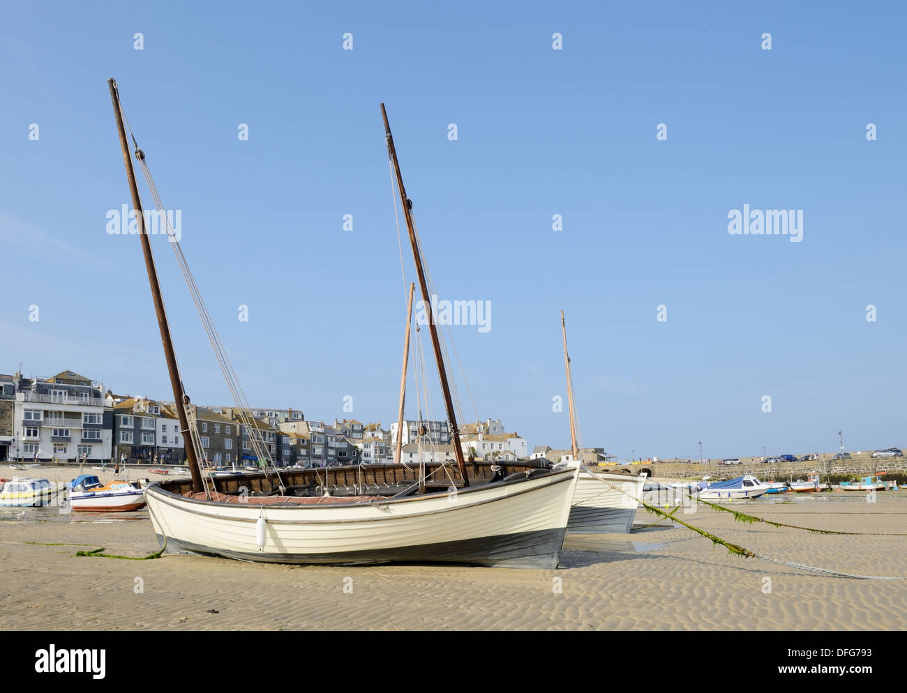 Traditional English fishing boats in St Ives Cornwall on a sunny summer ...