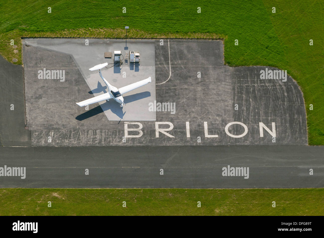 Aerial view, airplane at the fueling station of Brilon Airport, Brilon ...