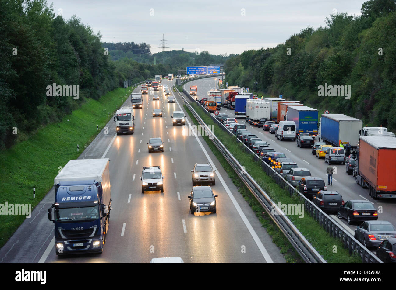 Traffic jam after a massive traffic accident on the A8 motorway where a ...