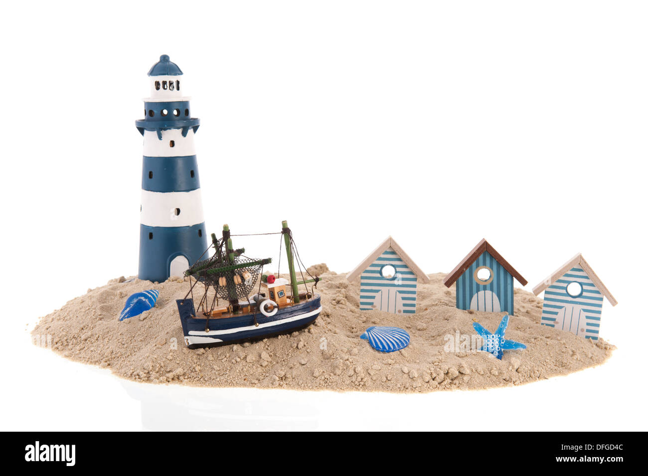 Striped huts at the beach with lighthouse isolated over white ...