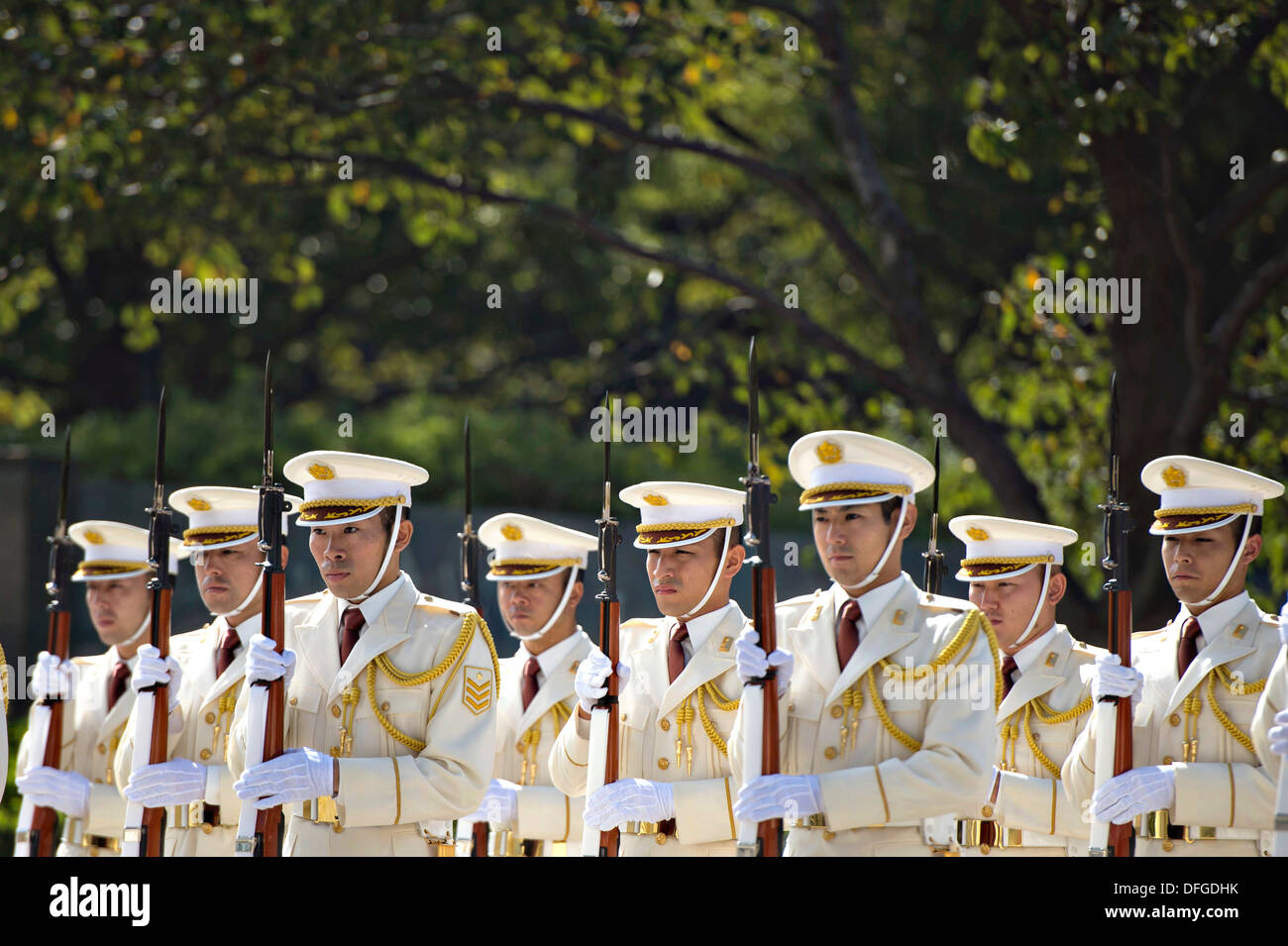 Japanese soldiers stand at attention for an honors ceremony for US ...