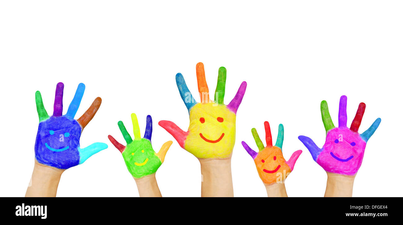 Painted in different colors smiling hands, ready for your text or ...