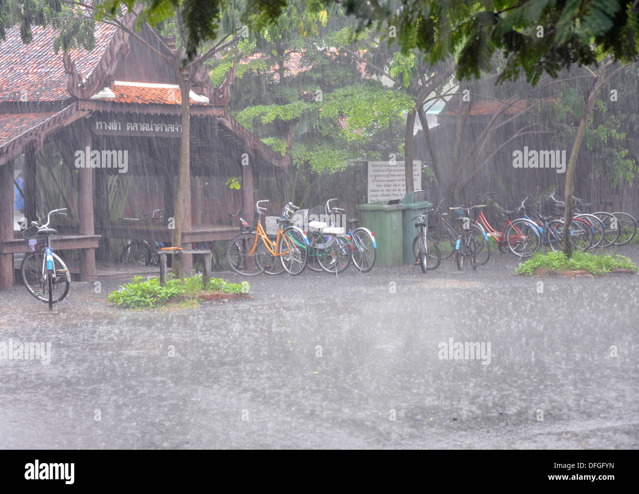 Rainy season downpour at Ancient Siam, an attraction near Bangkok in ...