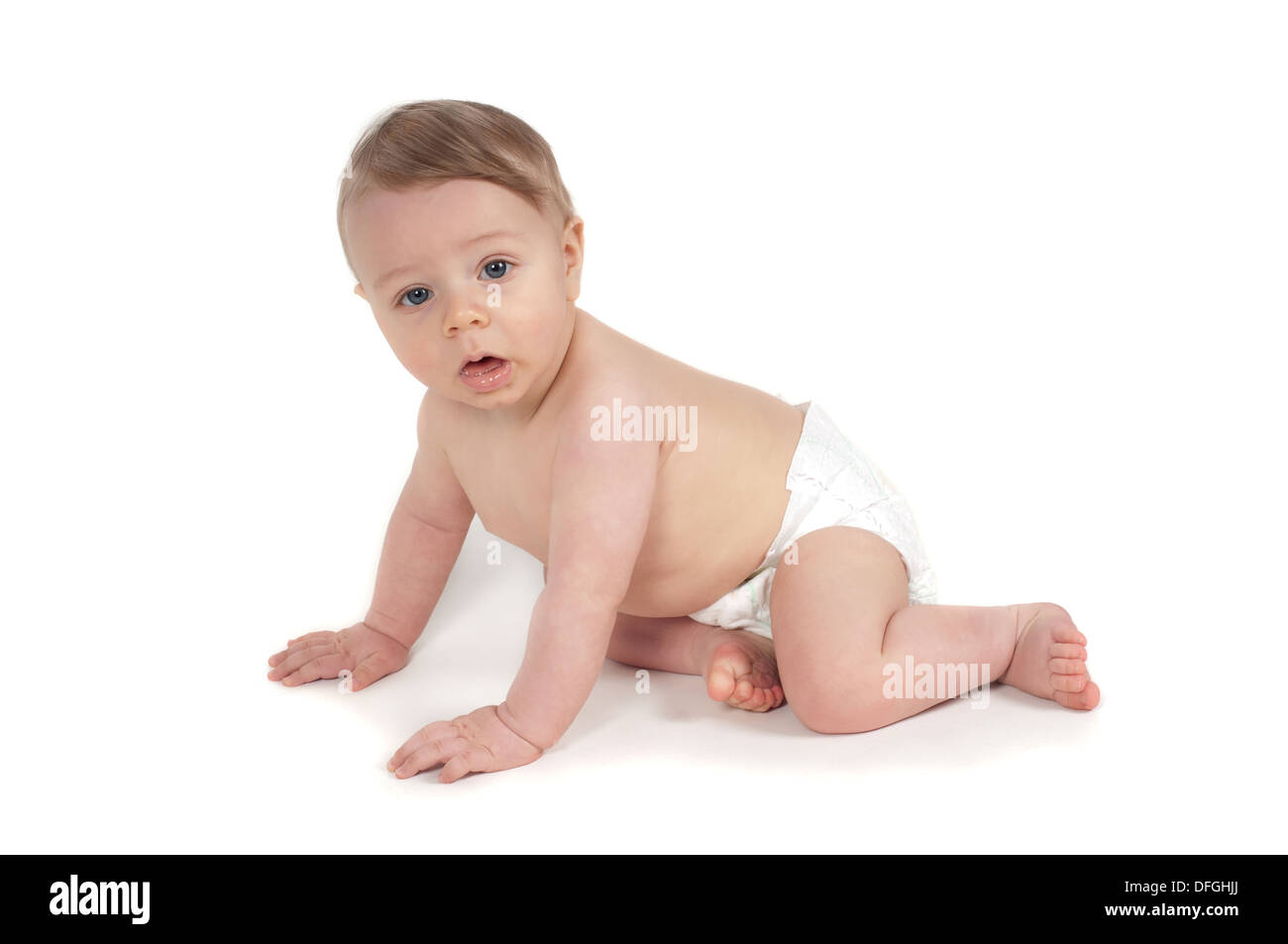 Side view of beautiful crawling baby in white background Stock Photo ...