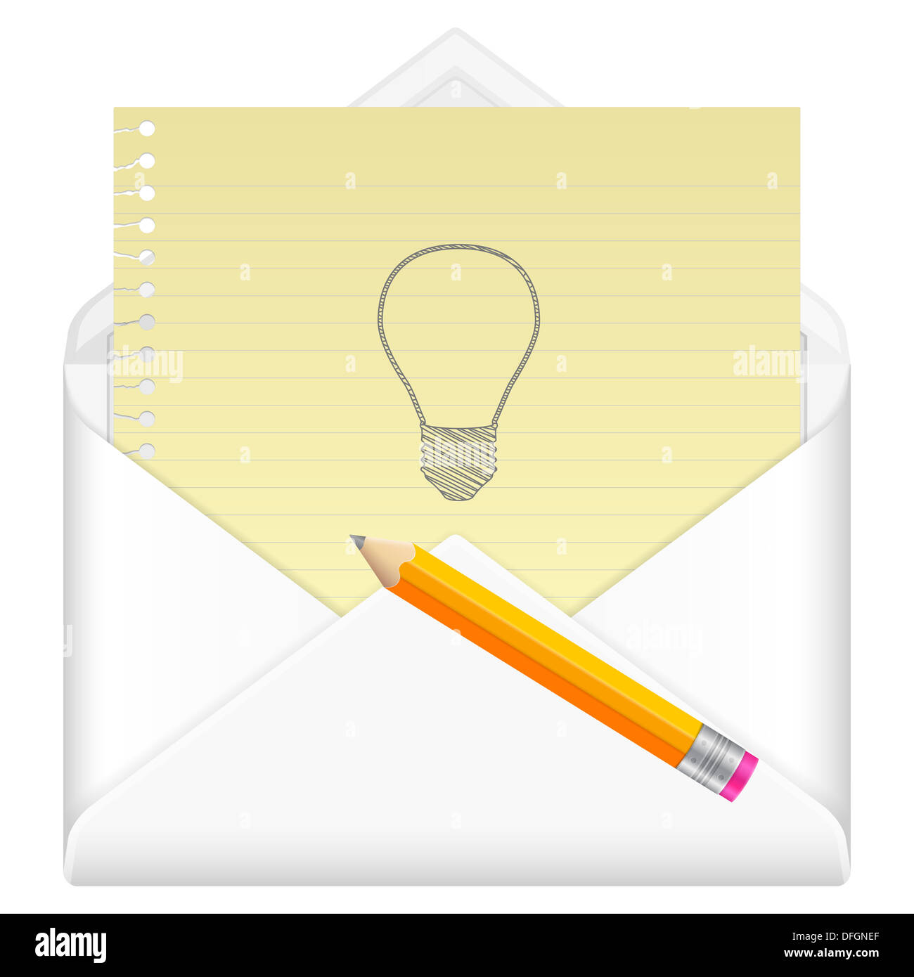Envelope, notebook sheet, pencil and symbol on a white background Stock ...