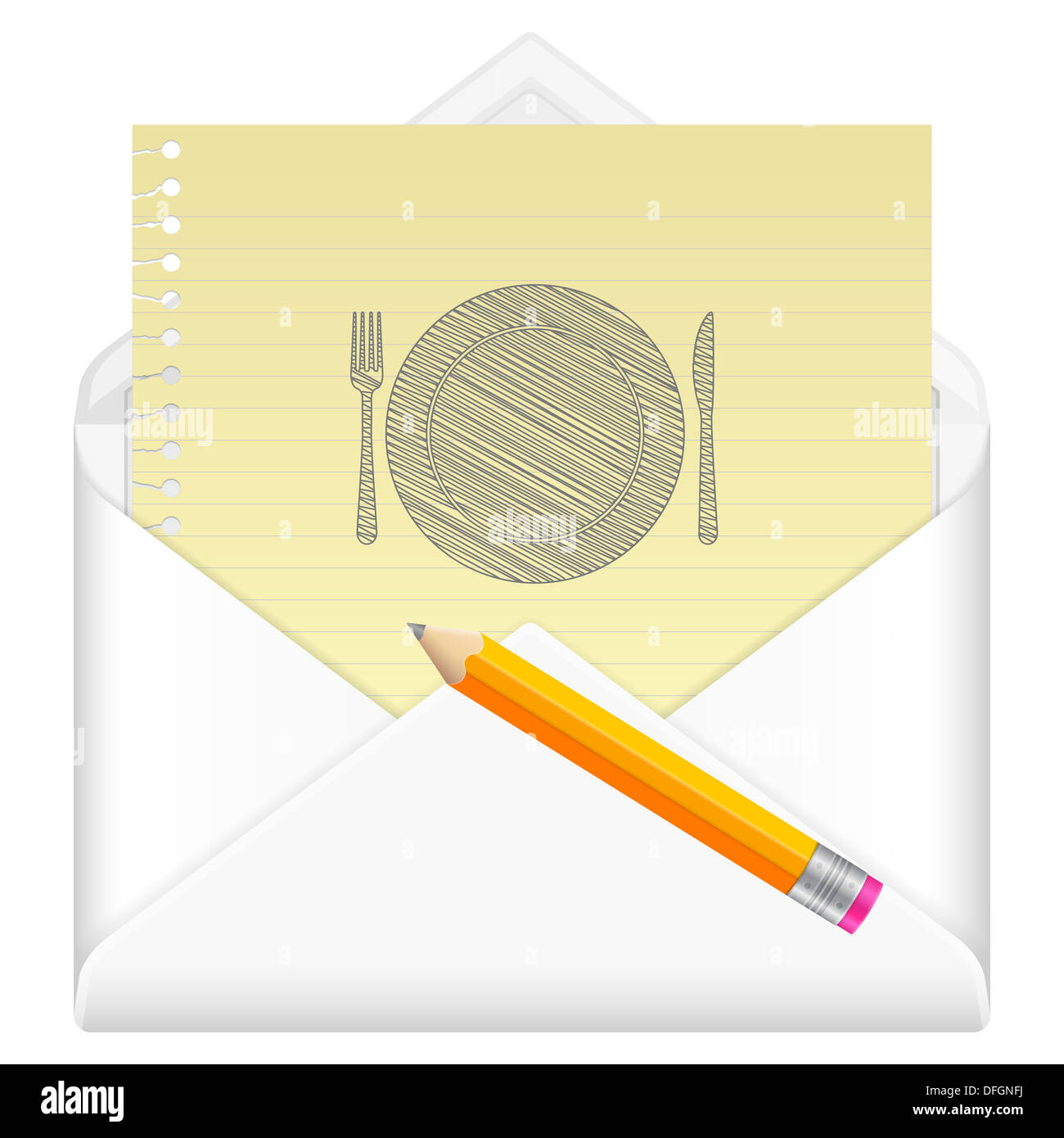 Envelope, notebook sheet, pencil and symbol on a white background Stock ...