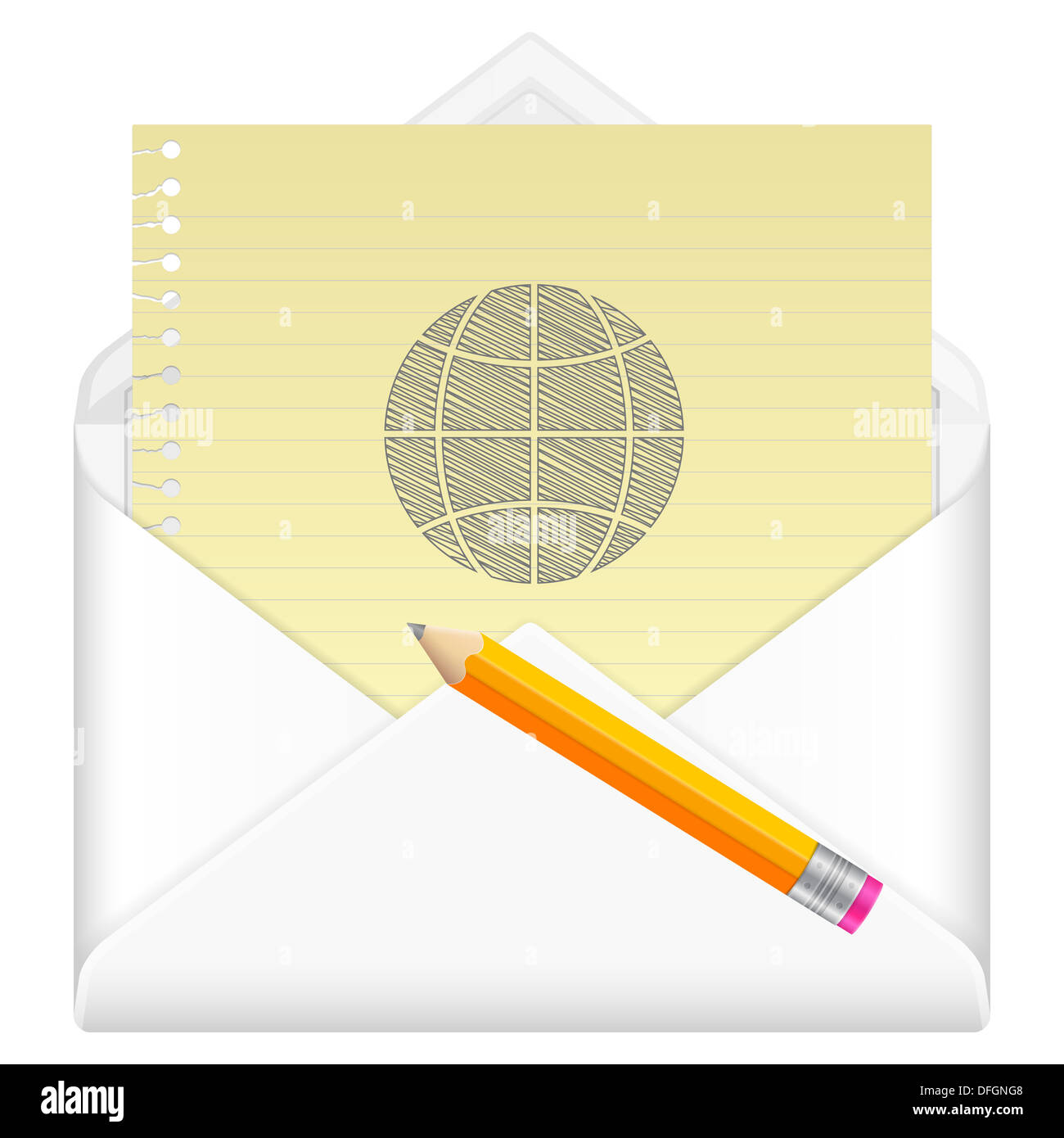 Envelope, notebook sheet, pencil and symbol on a white background Stock ...