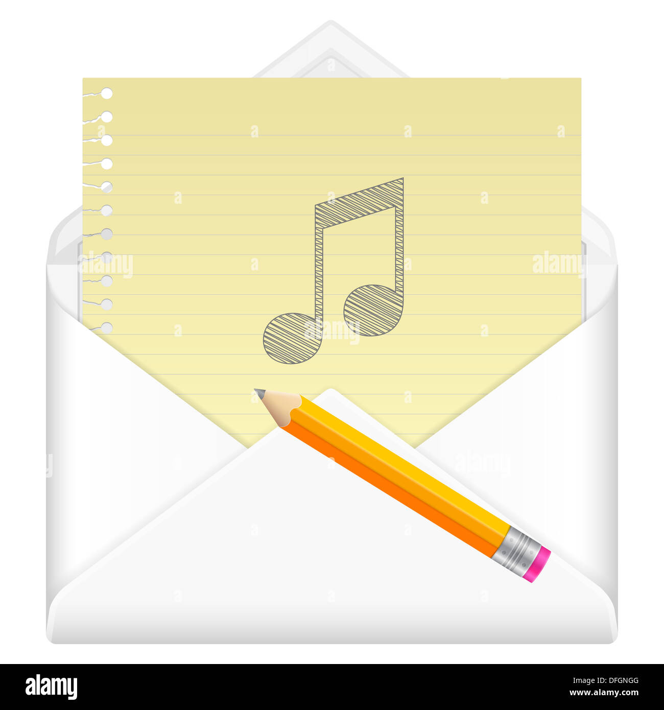 Envelope, notebook sheet, pencil and symbol on a white background Stock ...