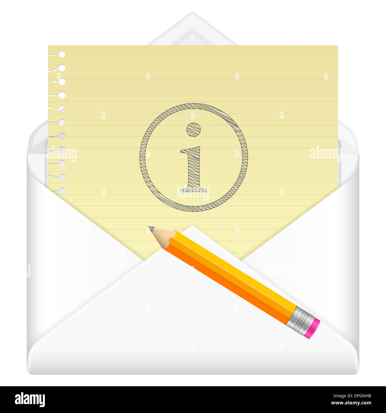 Envelope, notebook sheet, pencil and symbol on a white background Stock ...