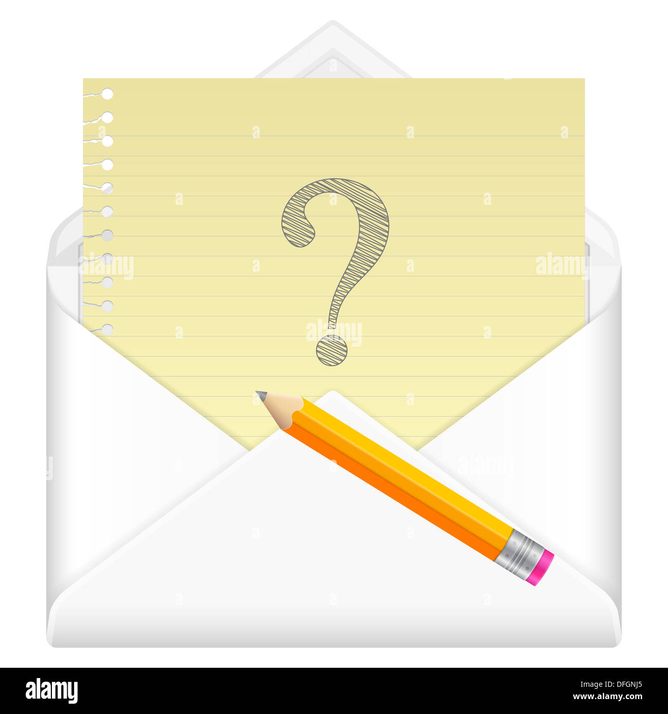 Envelope, notebook sheet, pencil and symbol on a white background Stock ...