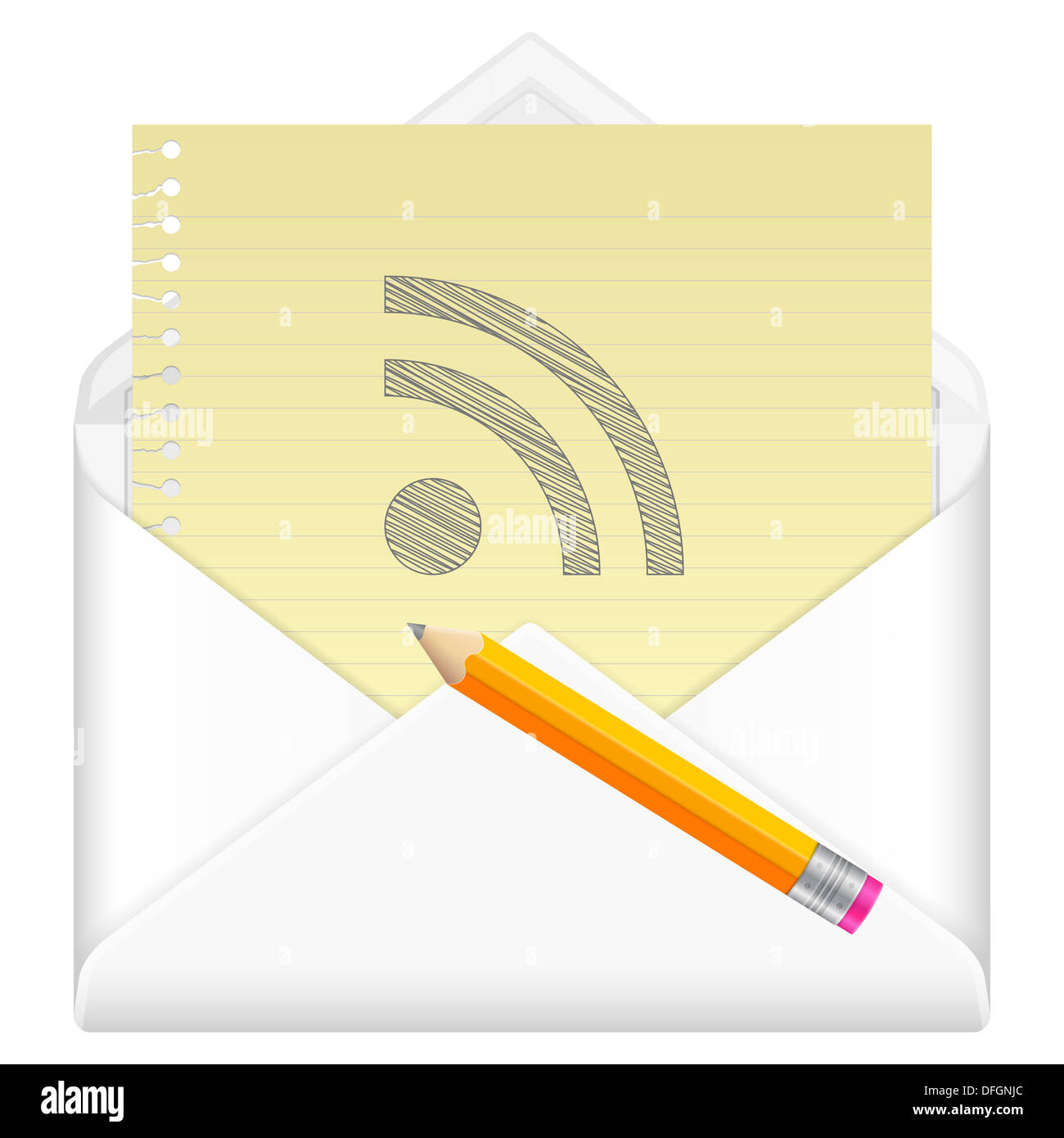 Envelope, notebook sheet, pencil and symbol on a white background Stock ...