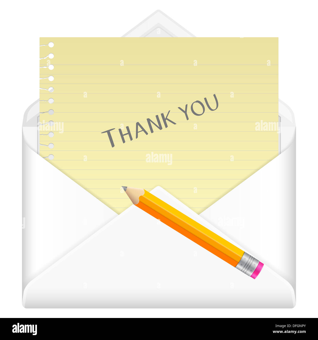 Envelope, notebook sheet, pencil and symbol on a white background Stock ...