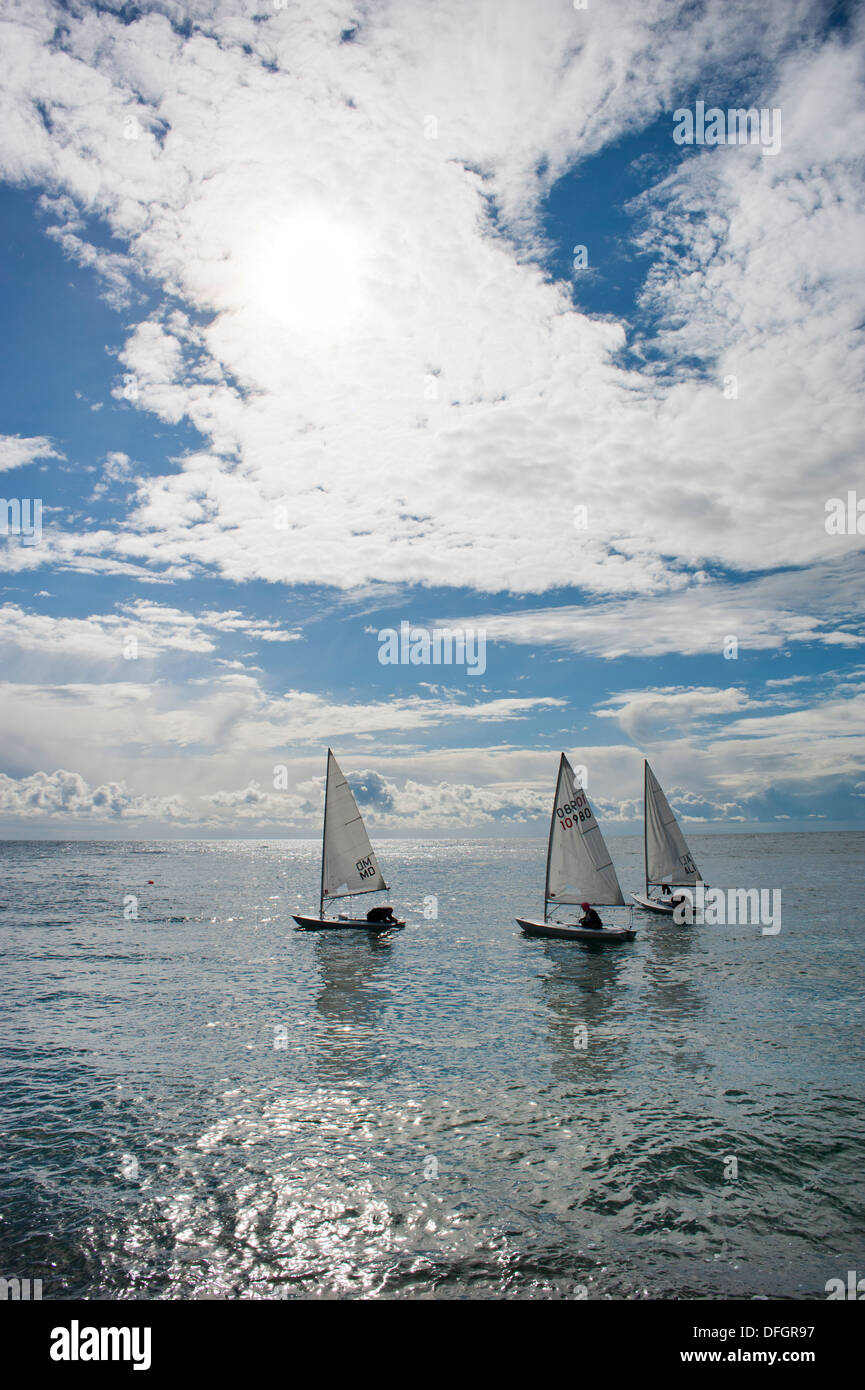 Sailing boats on the sea at Beer Devon England UK Stock Photo - Alamy