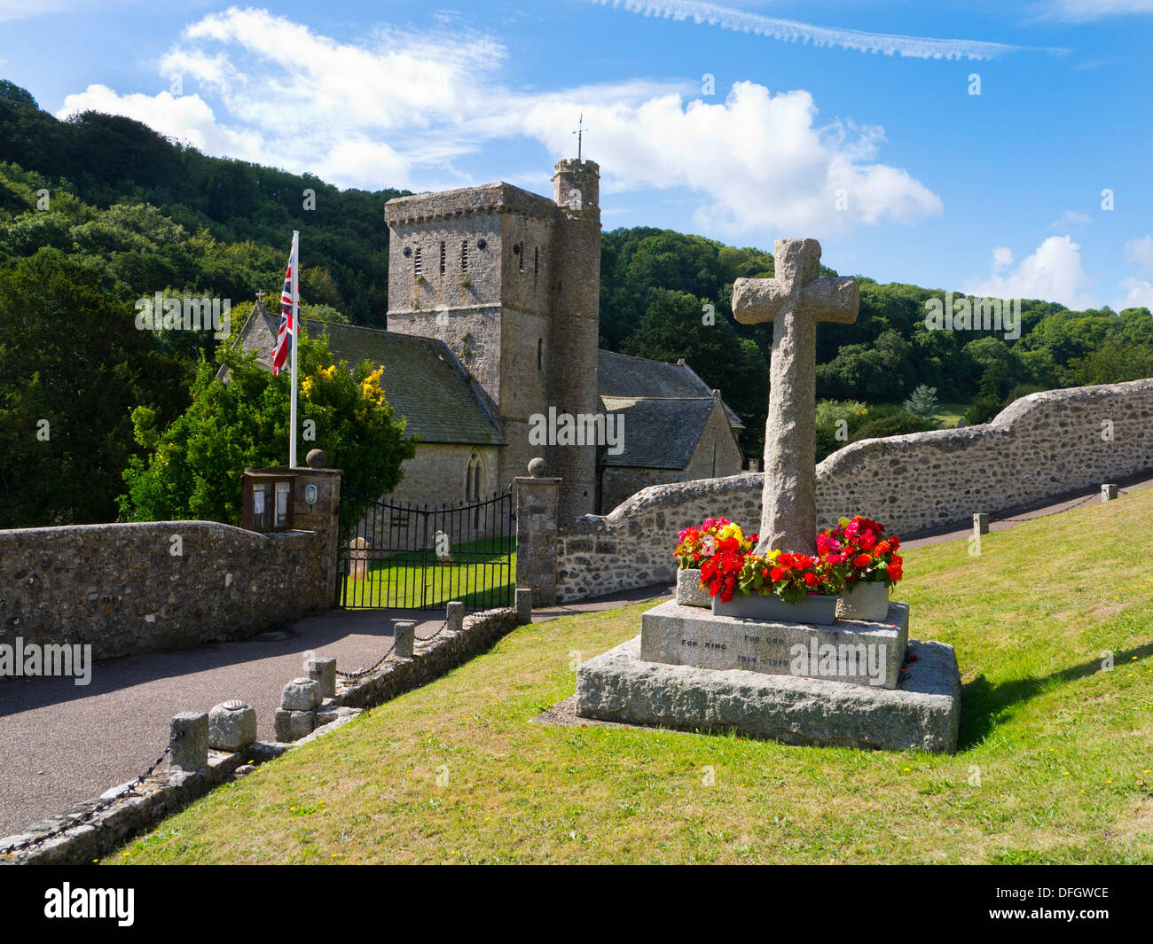 St Winifred's church and war memorial, Branscombe Devon England Stock ...