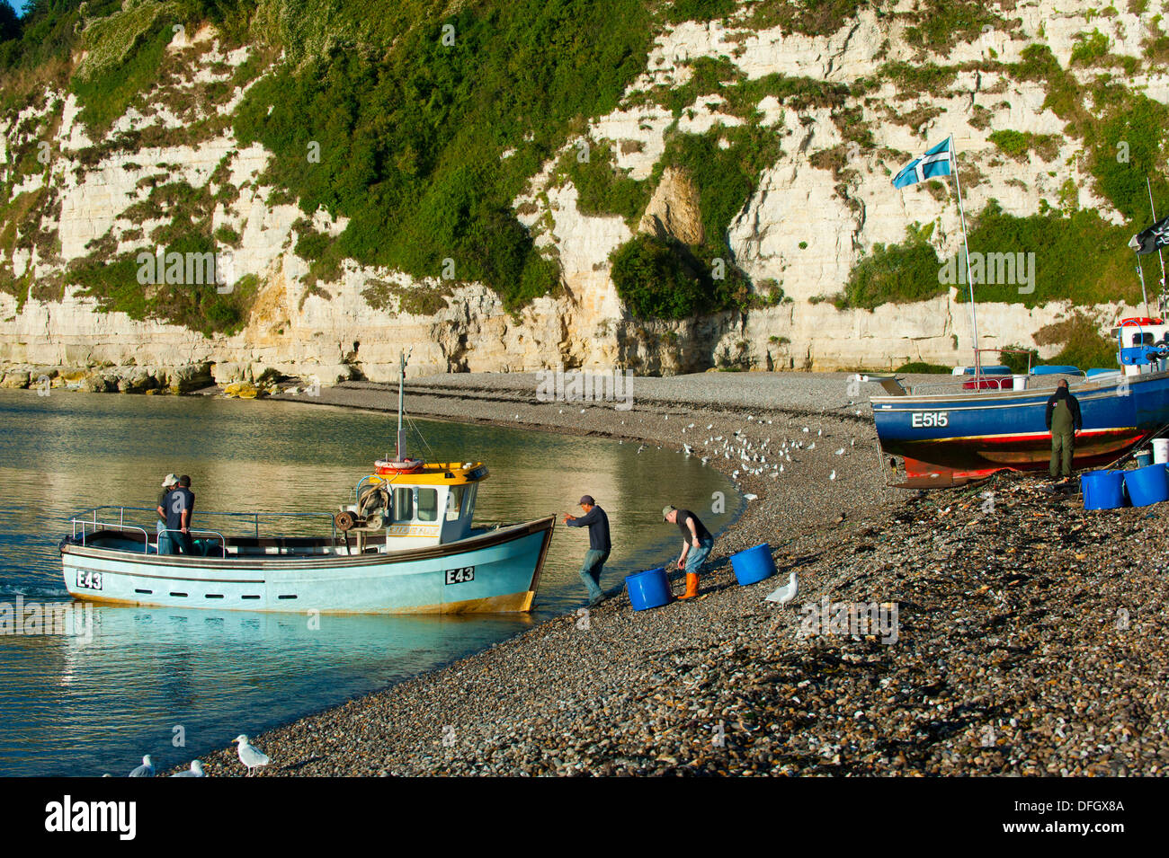 A boat getting ready for a fishing trip at Beer, Devon, England Stock ...