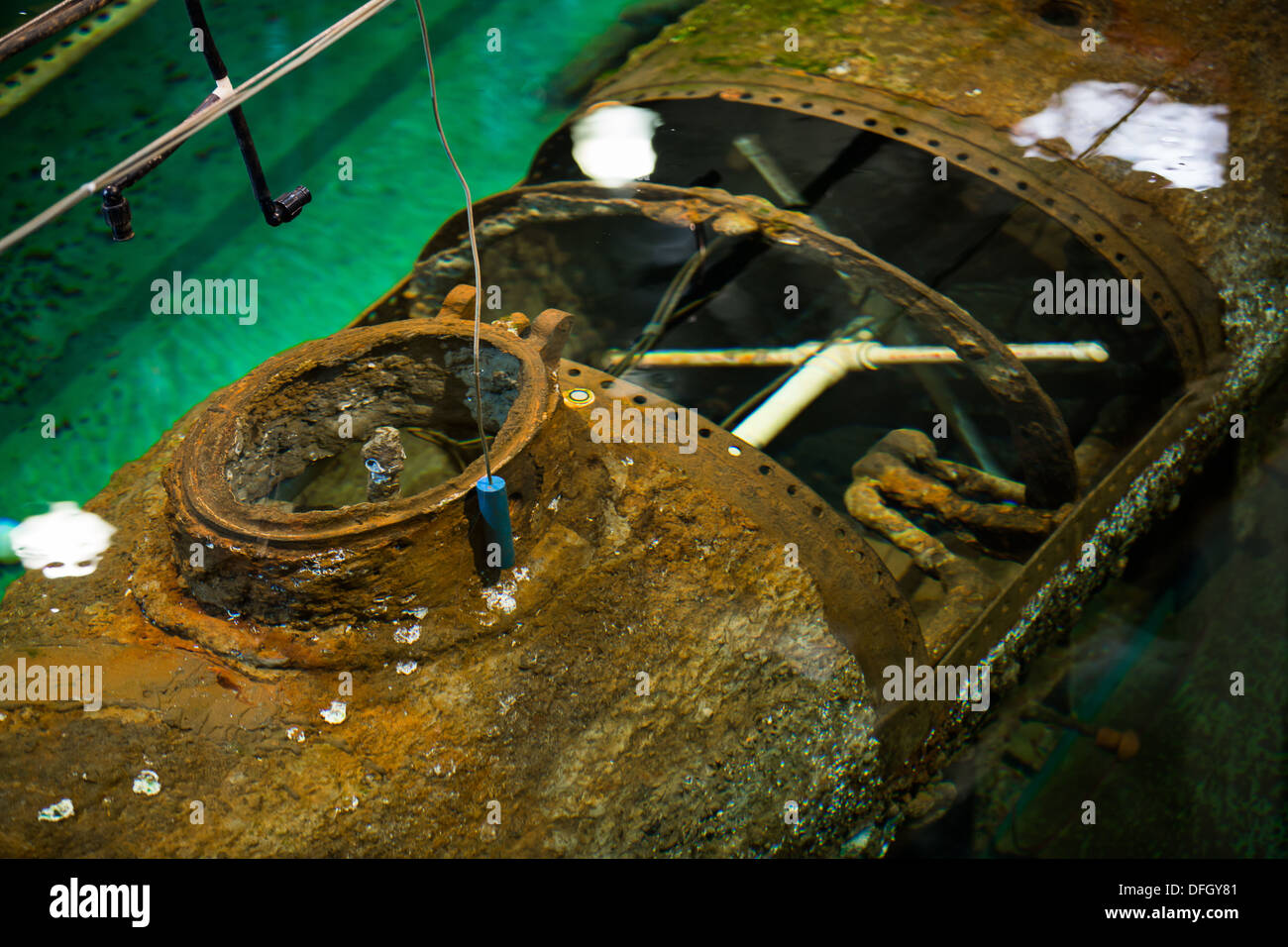 The H.L. Hunley, a confederate Civil War era submarine, sits in its ...