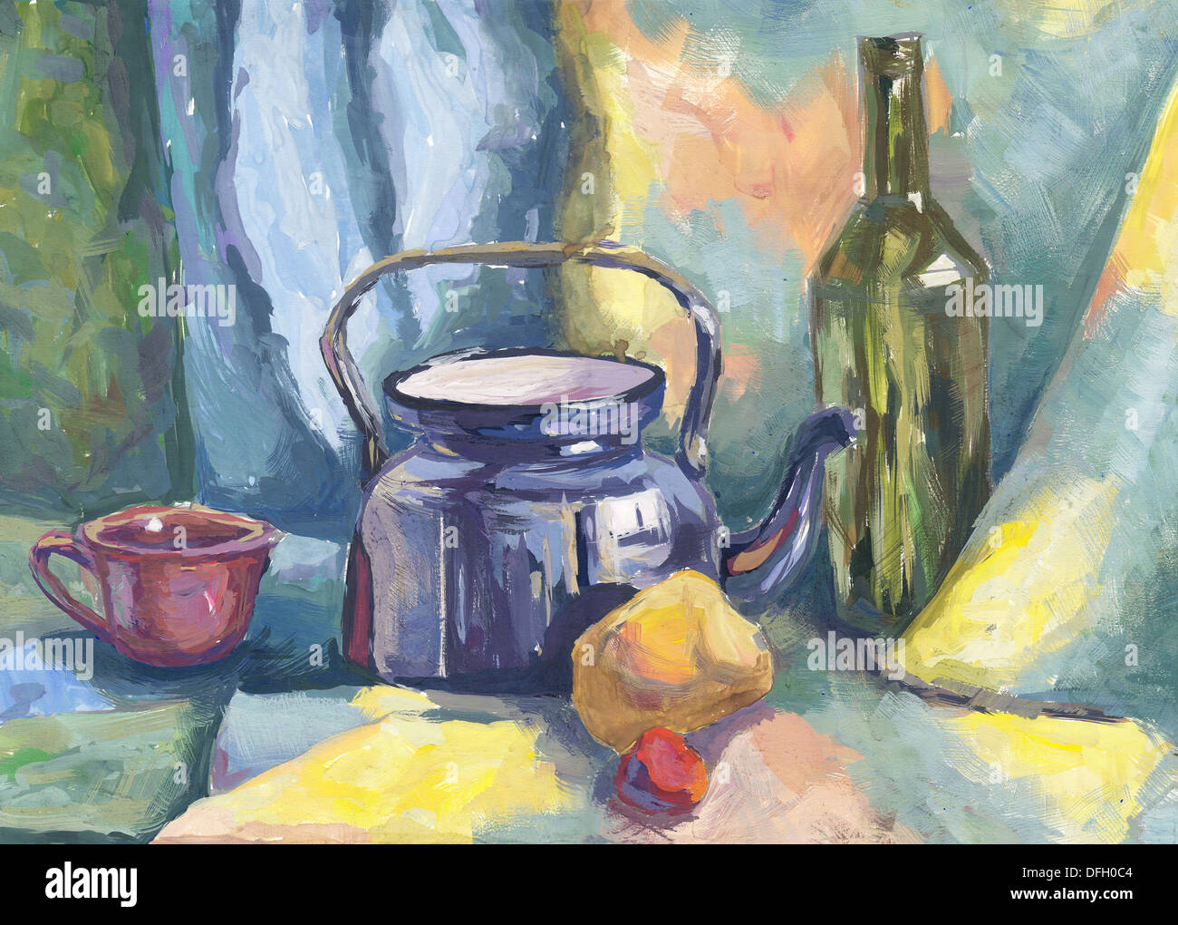 Still life with Metal Teapot and Bottle. Painting. Gouache on Paper ...