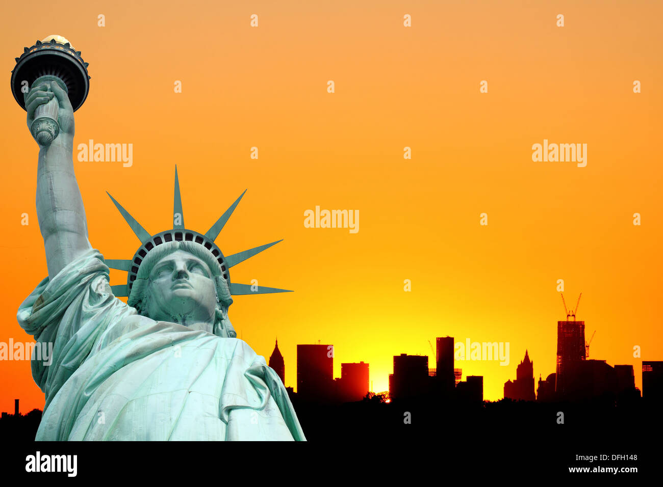 Manhattan Skyline and The Statue of Liberty at Sunset, New York City ...