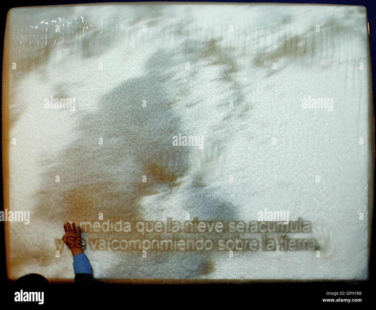 Movie showing on ice block at exhibit ´Trapped in the Ice. Shackleton´s ...