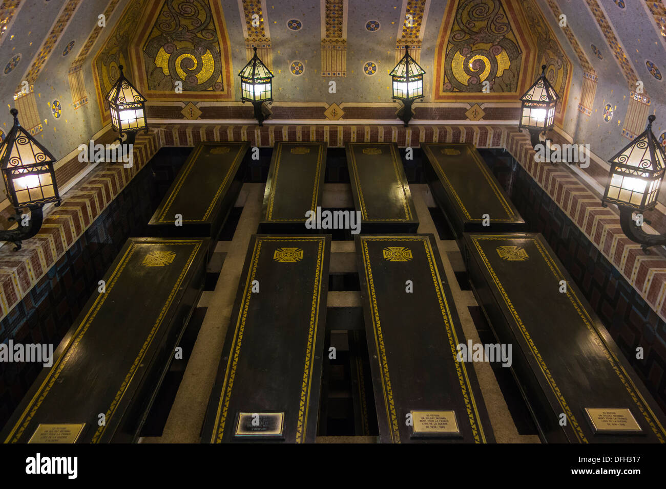 Coffins of WWI soldiers in crypt, Notre-Dame de Lorette / Ablain-Saint ...