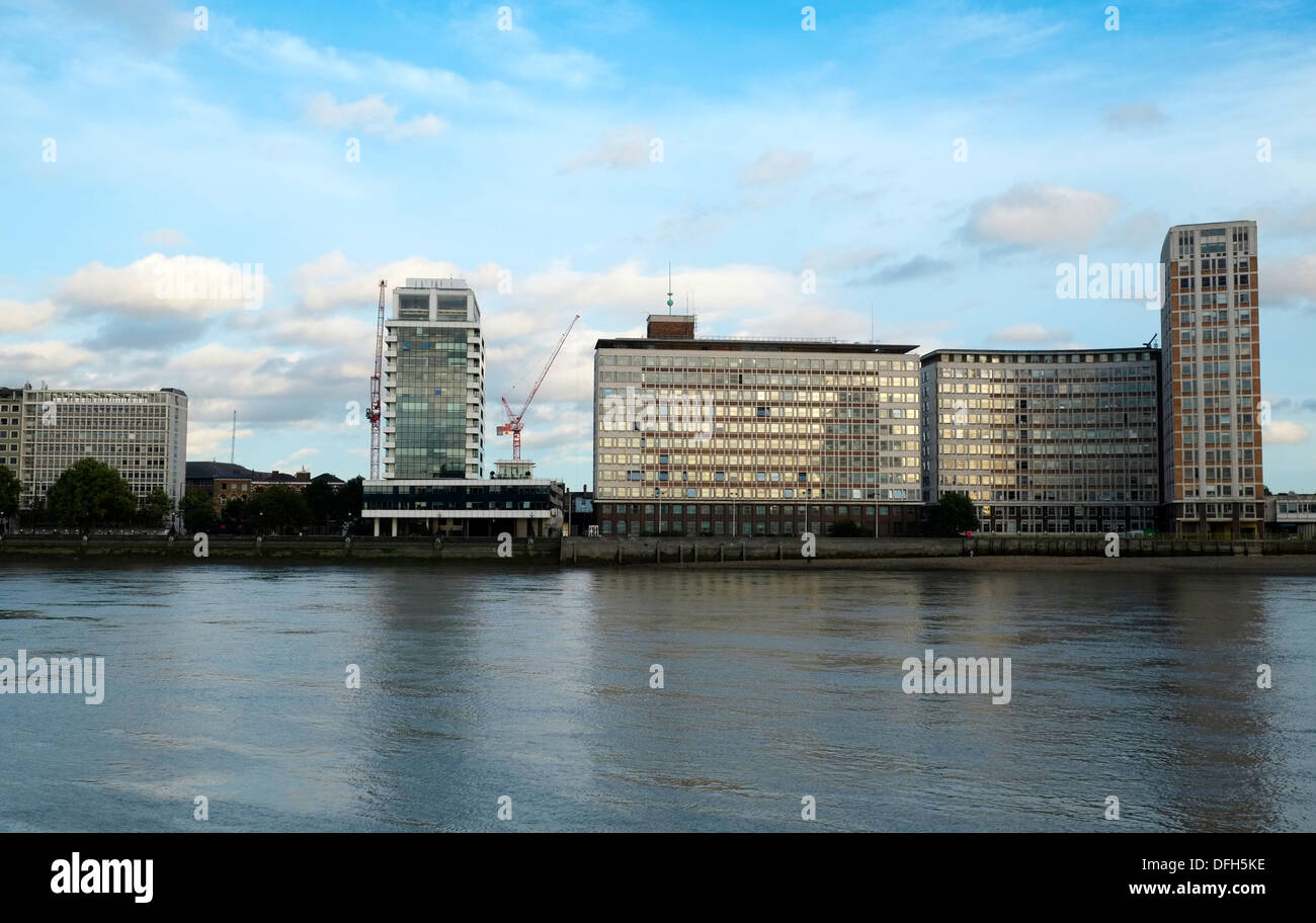 View of Vauxhall from the river Thames, buildings , crane Stock Photo ...